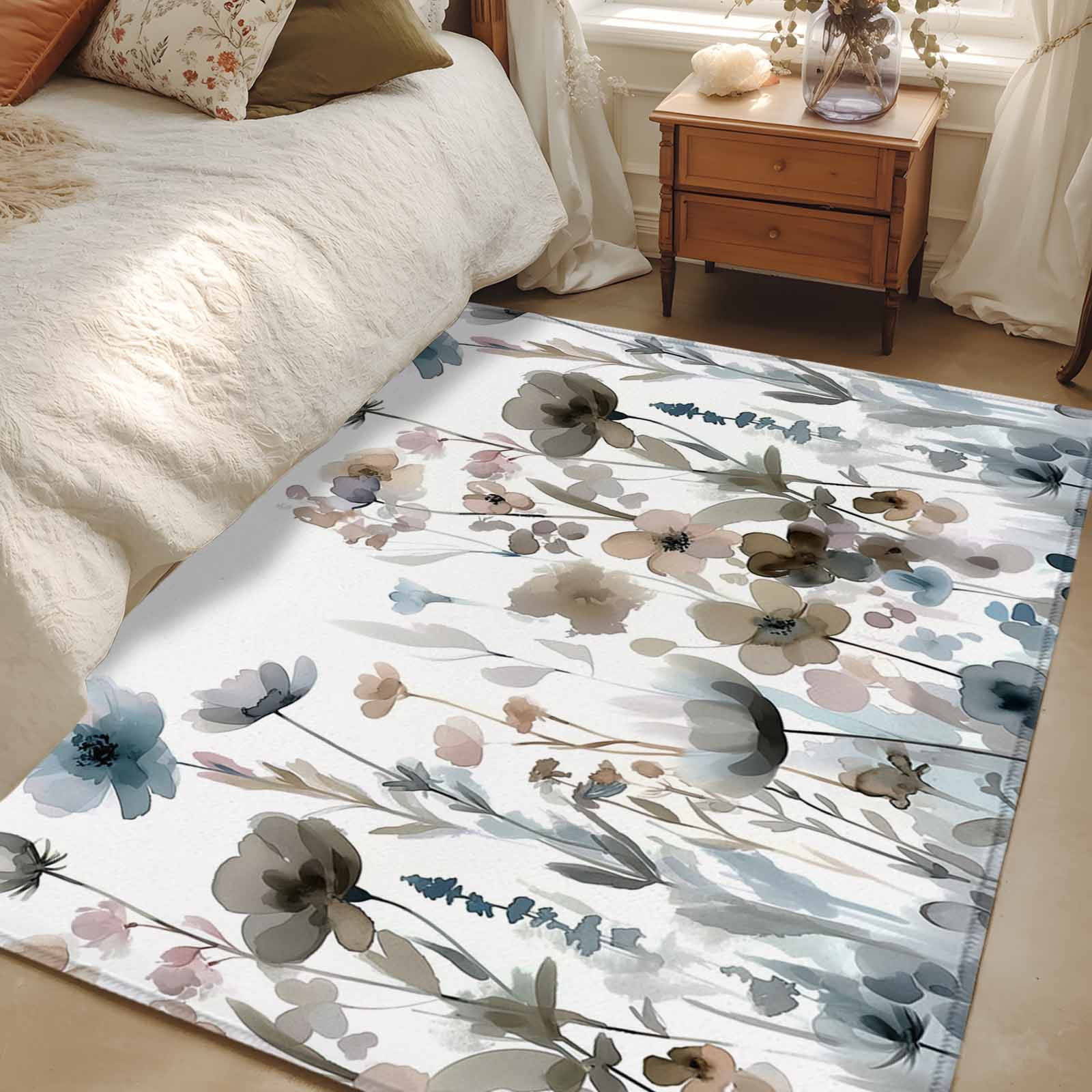 2.7x5 Area Rugs, Blue Grey Pink Spring Floral Non-Skid Rubber Backing ...