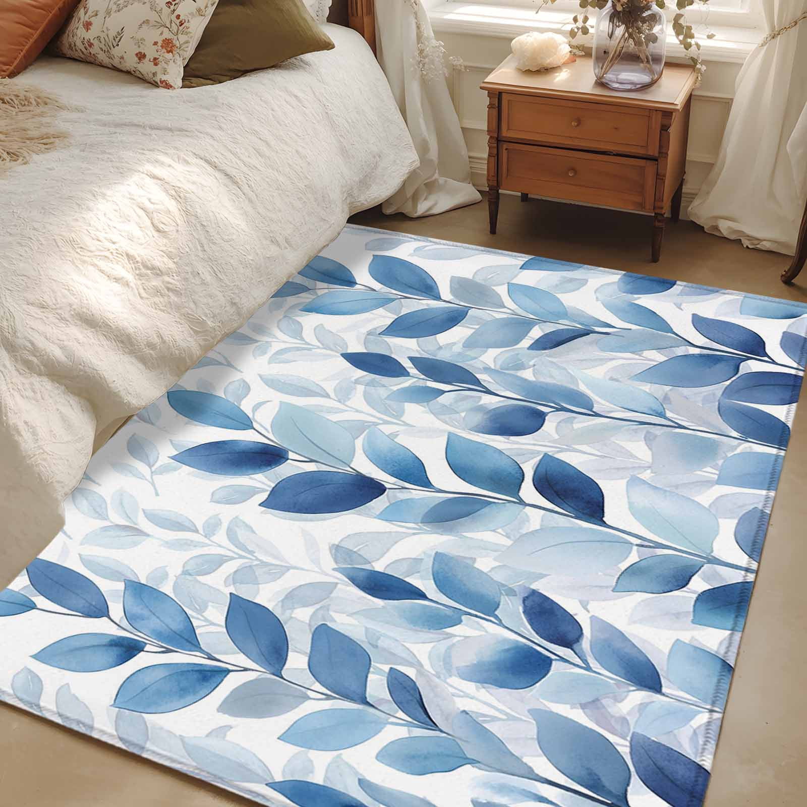 2.7x5 Area Rugs, Blue Leaf Non-Skid Rubber Backing Large Rectangle Rugs ...