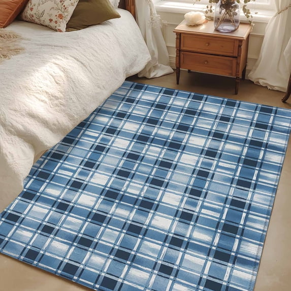 2.7x5 Area Rugs, Blue Plaid Non-Skid Rubber Backing Large Rectangle ...