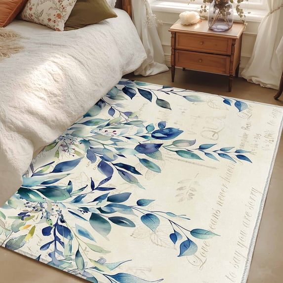 2.7x5 Area Rugs, Blue Teal Eucalyptus Leaves Non-Skid Rubber Backing ...
