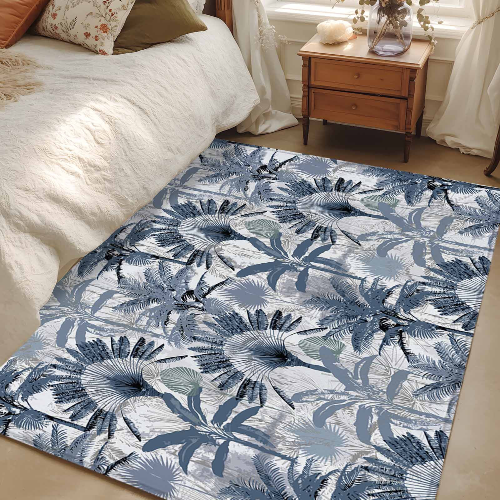 2.7x5 Area Rugs, Blue Tropical Leaves Non-Skid Rubber Backing Large ...