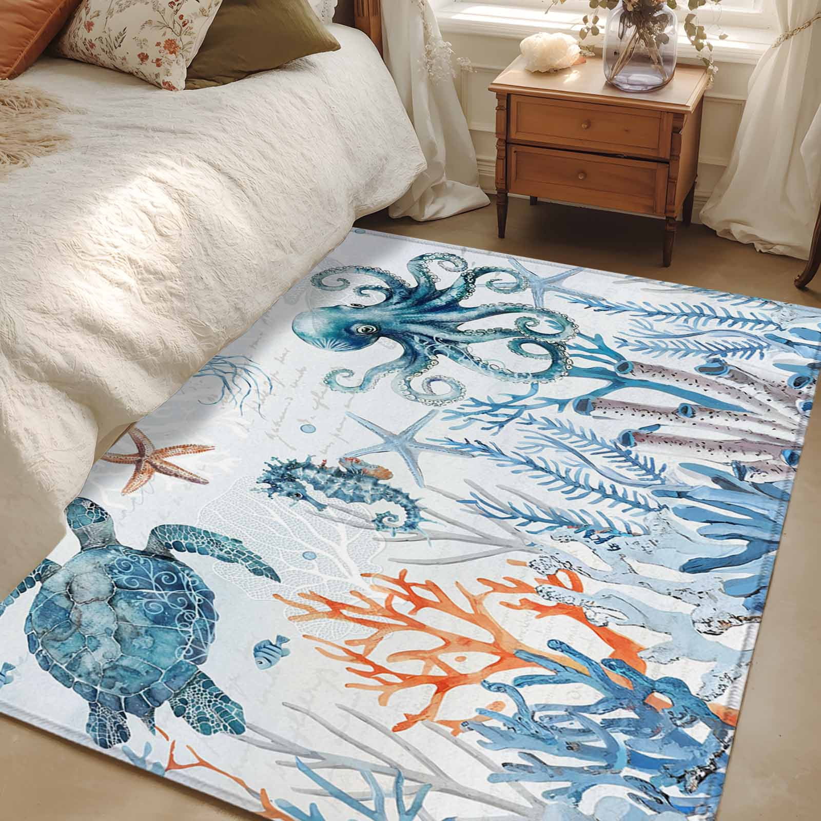 2.7x5 Area Rugs, Blue Turtle Coastal Non-Skid Rubber Backing Large ...