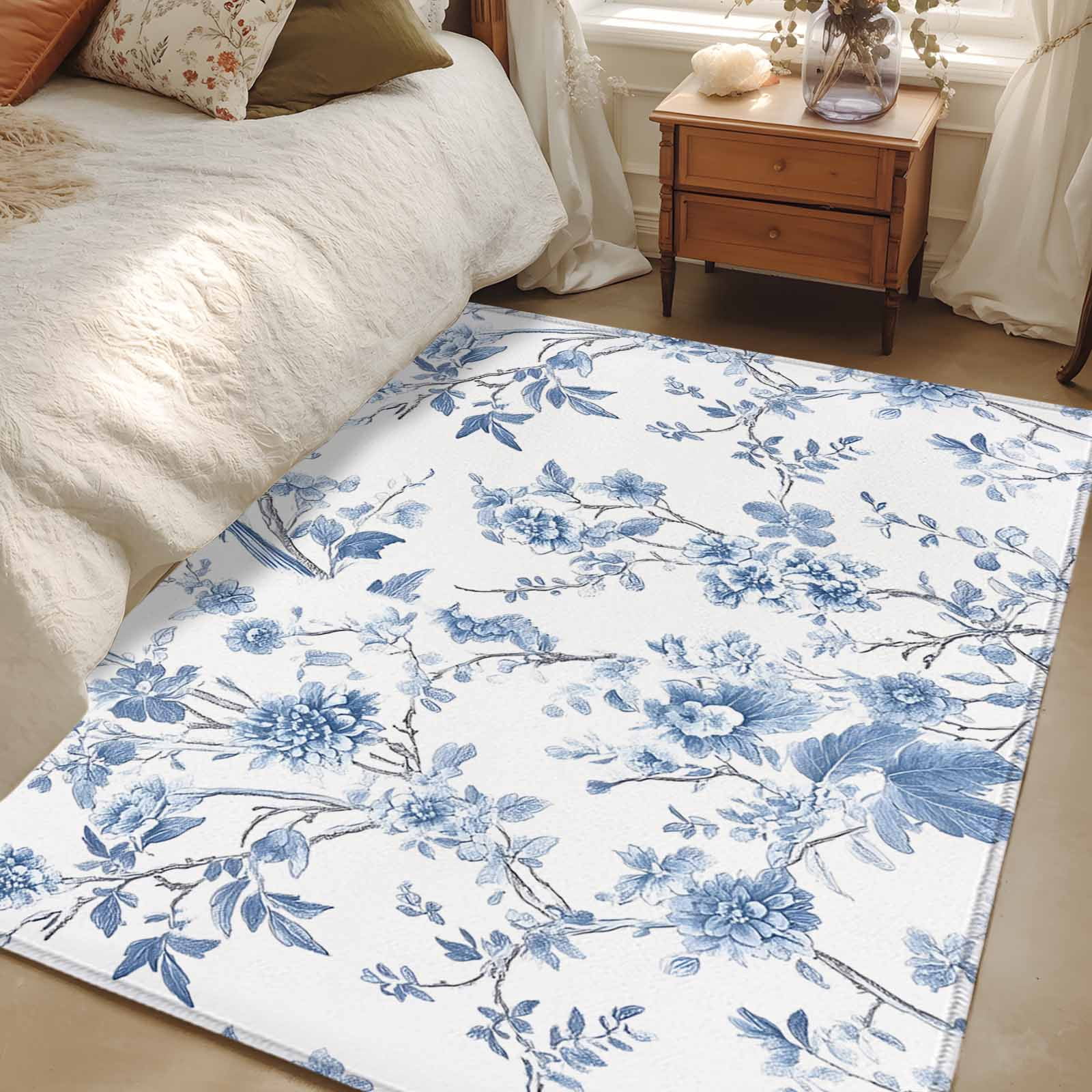 2.7x5 Area Rugs, Blue White Spring Floral Non-Skid Rubber Backing Large ...