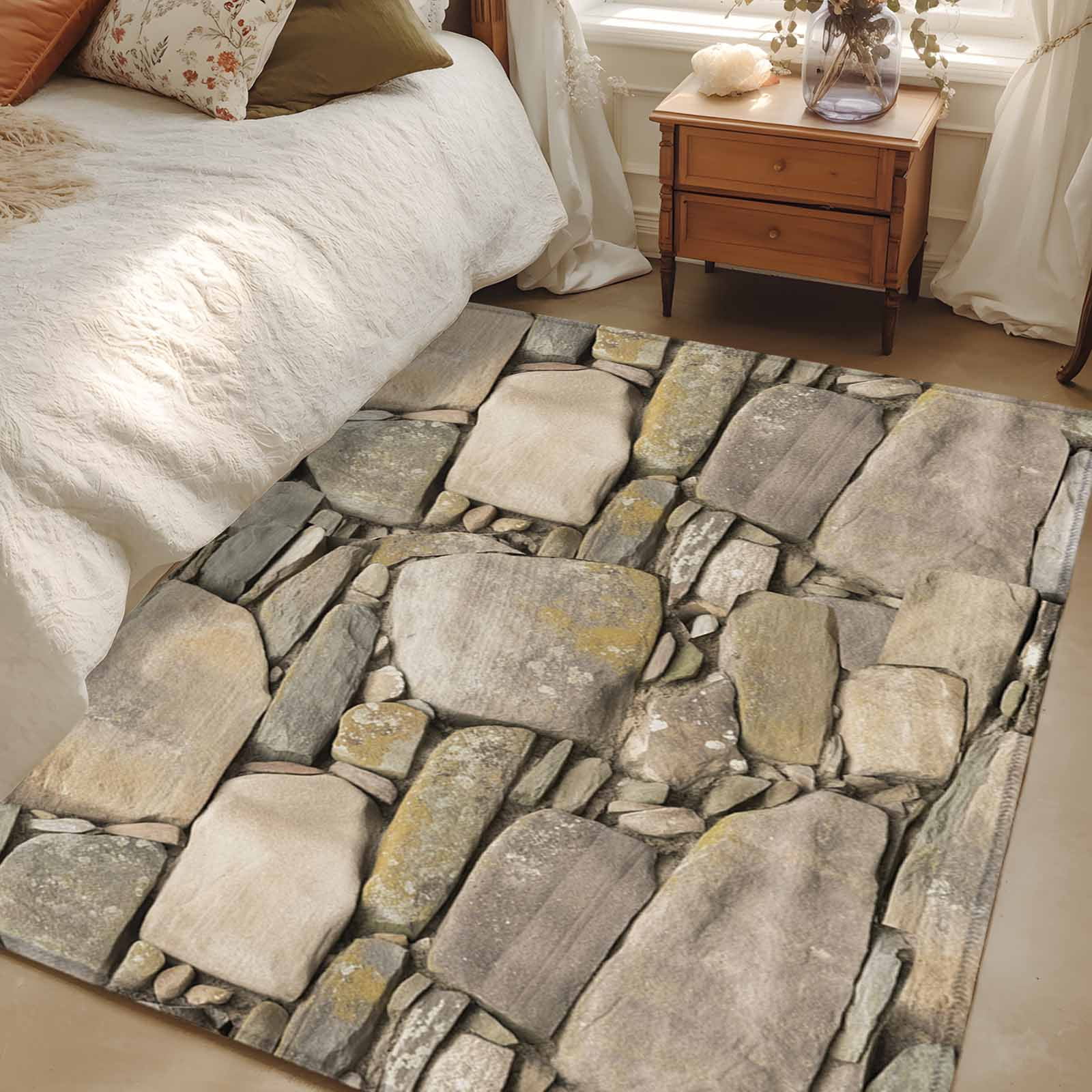 2.7x5 Area Rugs, Brown Stone Wall Non-Skid Rubber Backing Large ...