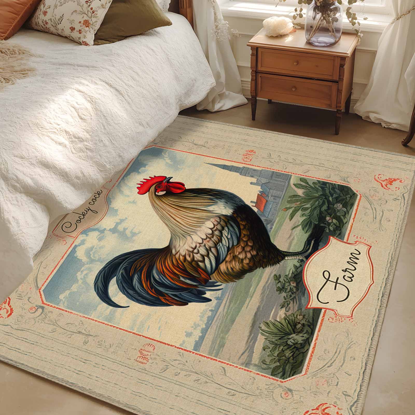2.7x5 Area Rugs, Farm Rooster Non-Skid Rubber Backing Large Rectangle ...