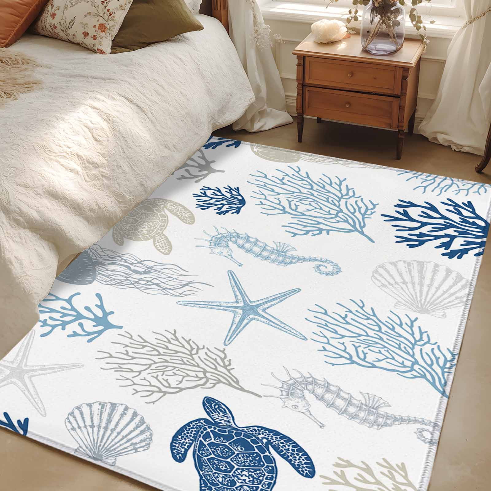 2.7x5 Area Rugs, Navy Blue Coastal Non-Skid Rubber Backing Large ...