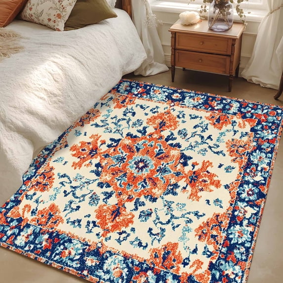 2.7x5 Area Rugs, Orange Blue Ethnic Non-Skid Rubber Backing Large ...