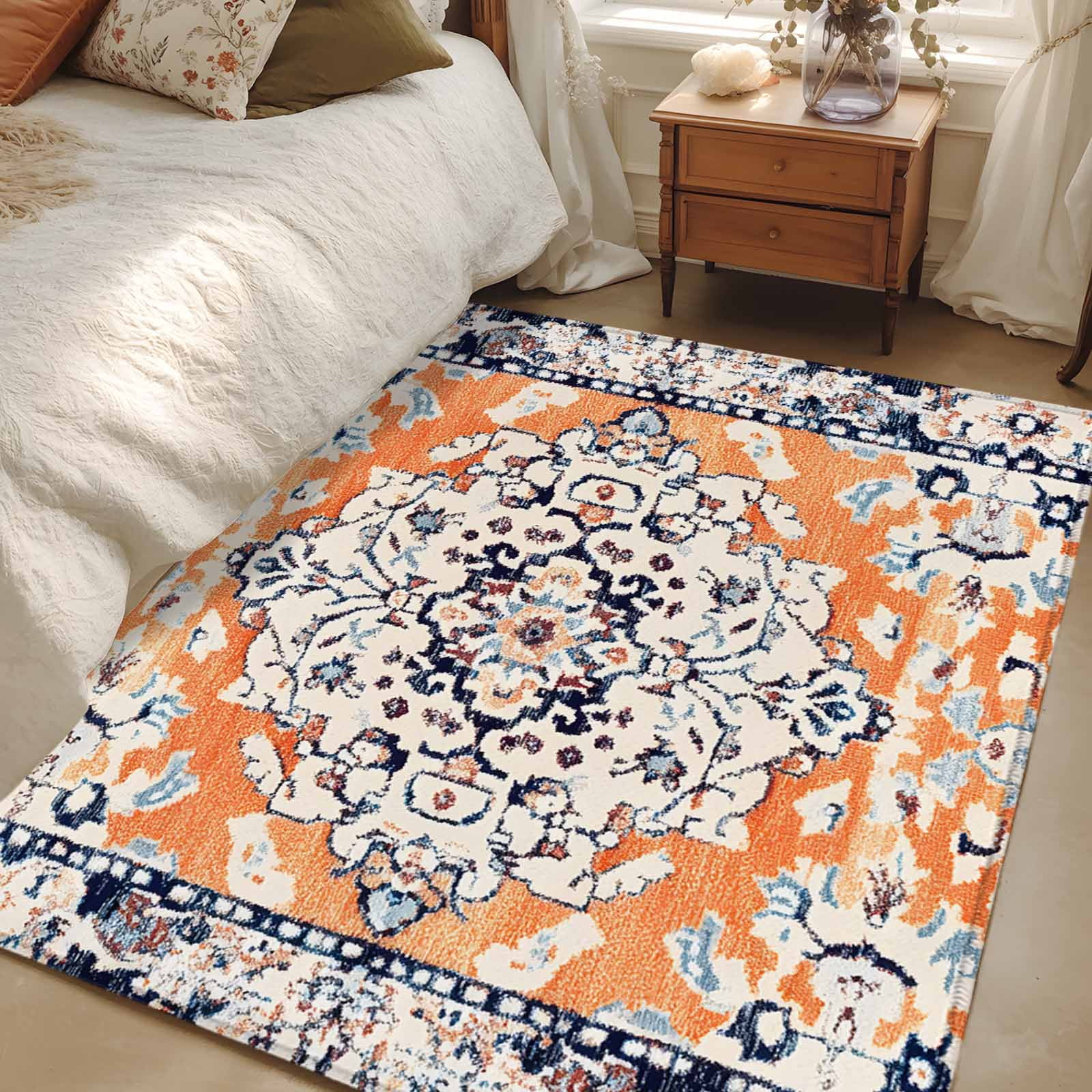 2.7x5 Area Rugs, Orange Boho Non-Skid Rubber Backing Large Rectangle ...