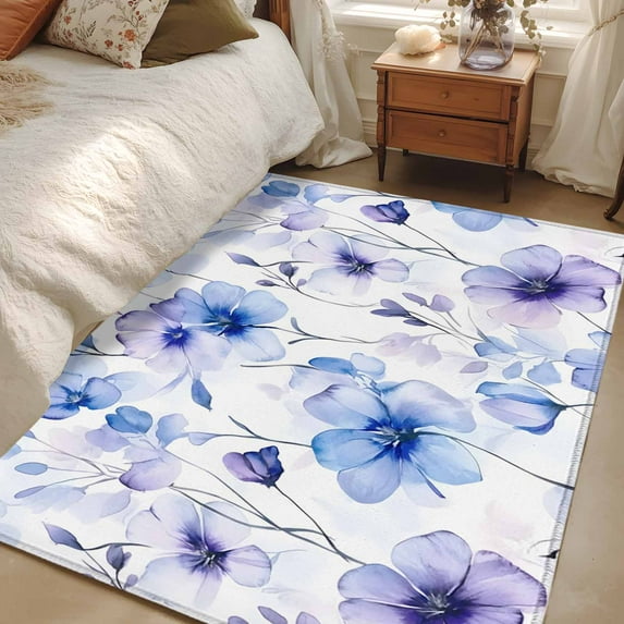 2.7x5 Area Rugs, Purple Blue Spring Floral Non-Skid Rubber Backing ...