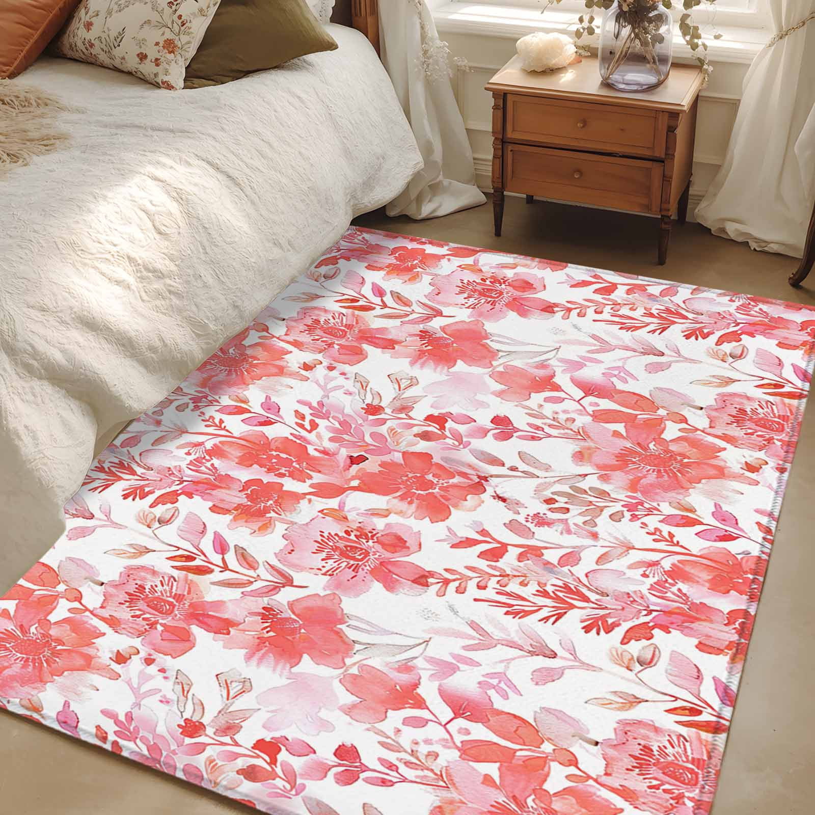 2.7x5 Area Rugs, Red Pink Flowers Non-Skid Rubber Backing Large ...