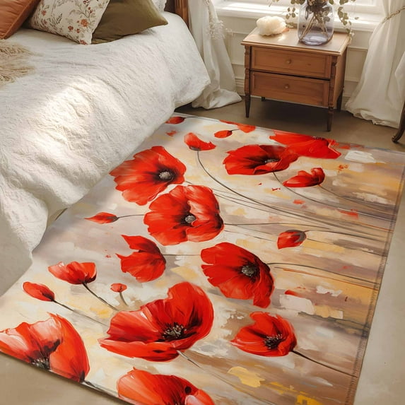 2.7x5 Area Rugs, Red Spring Floral Non-Skid Rubber Backing Large ...