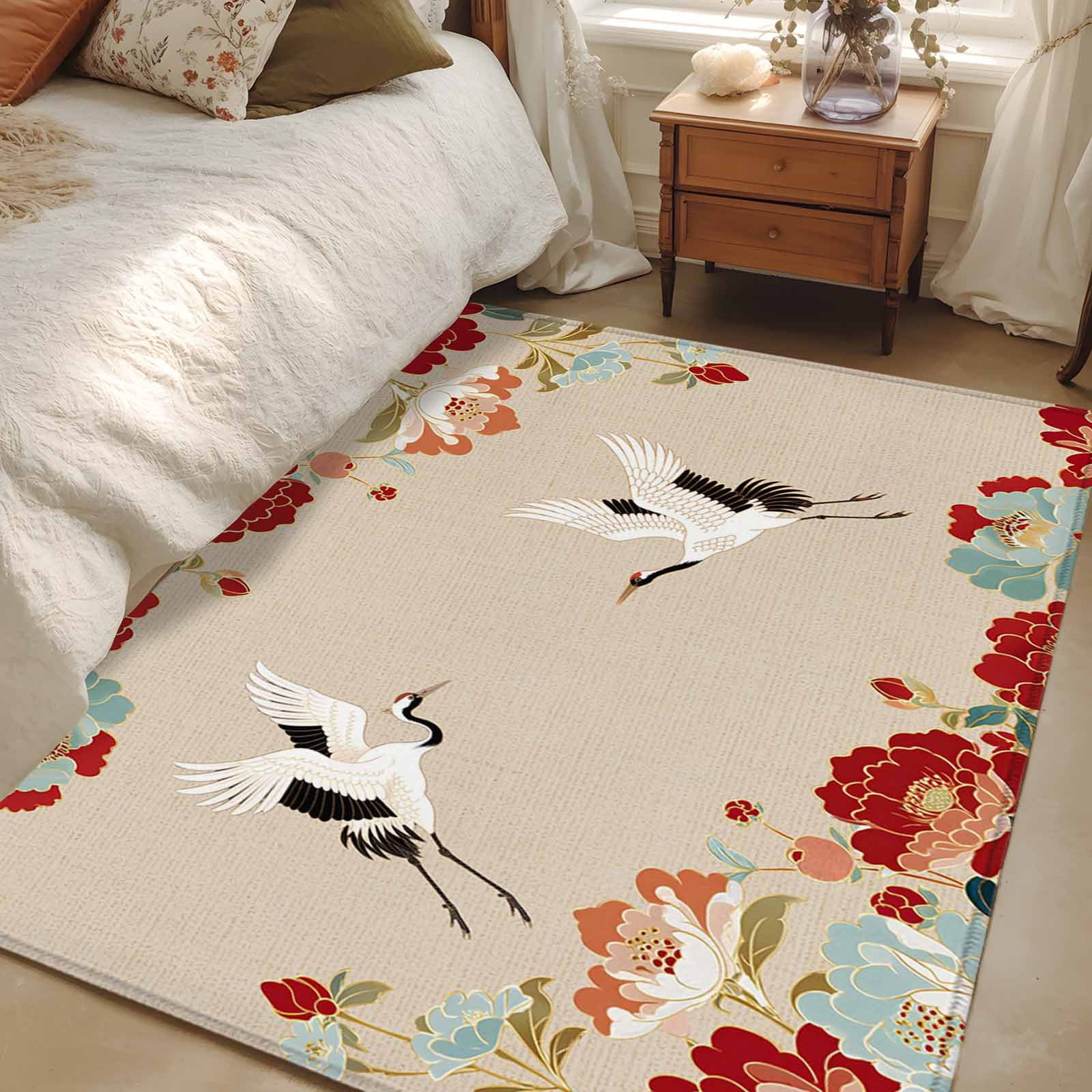 2.7x5 Area Rugs, Rustic Crane Non-Skid Rubber Backing Large Rectangle ...