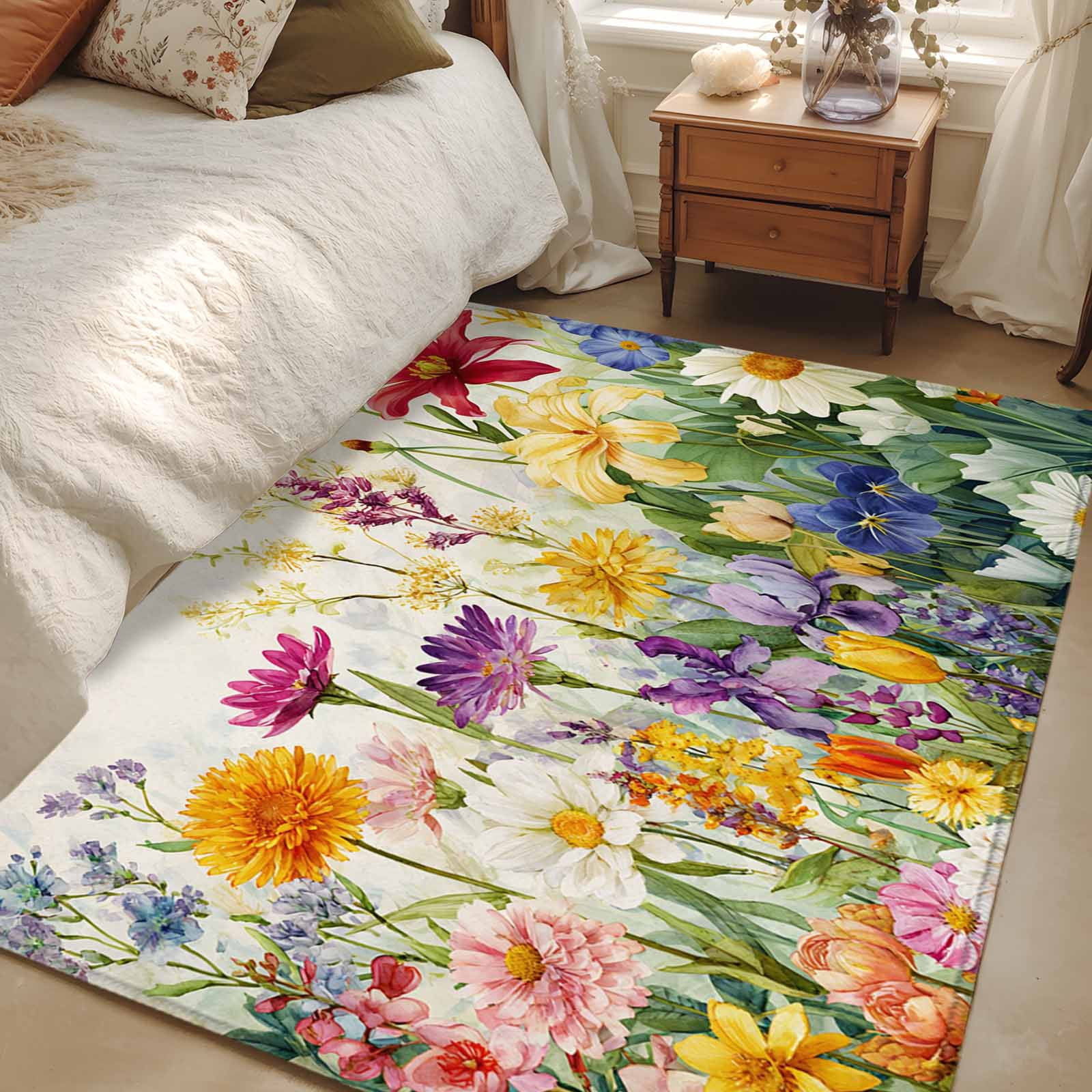 2.7x5 Area Rugs, Spring Colorful Floral Non-Skid Rubber Backing Large ...