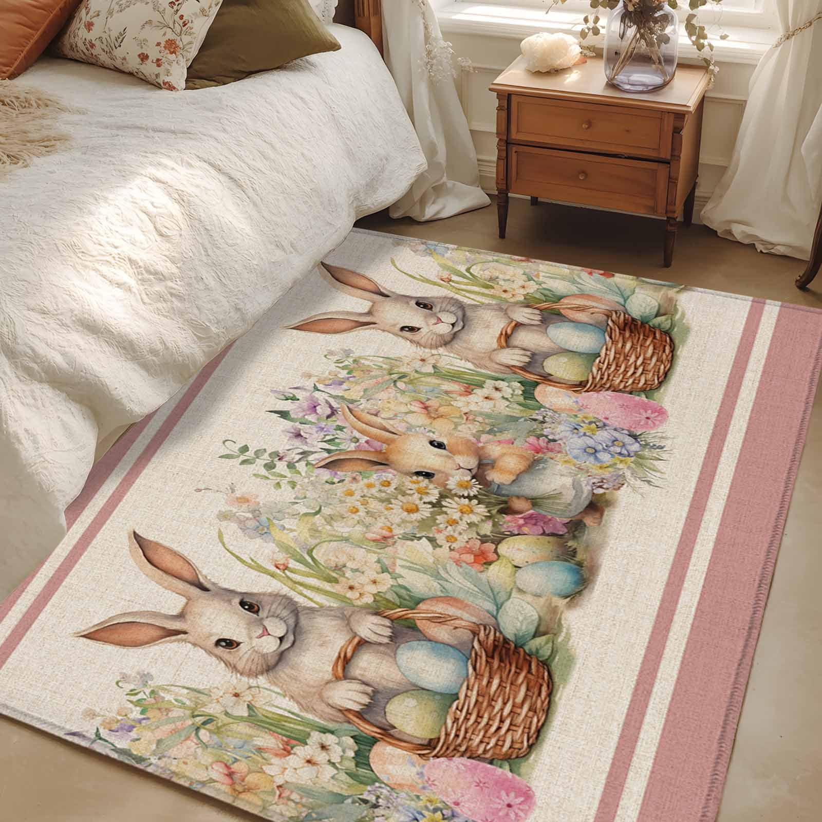 2.7x5 Area Rugs, Spring Floral Eater Bunny Non-Skid Rubber Backing ...
