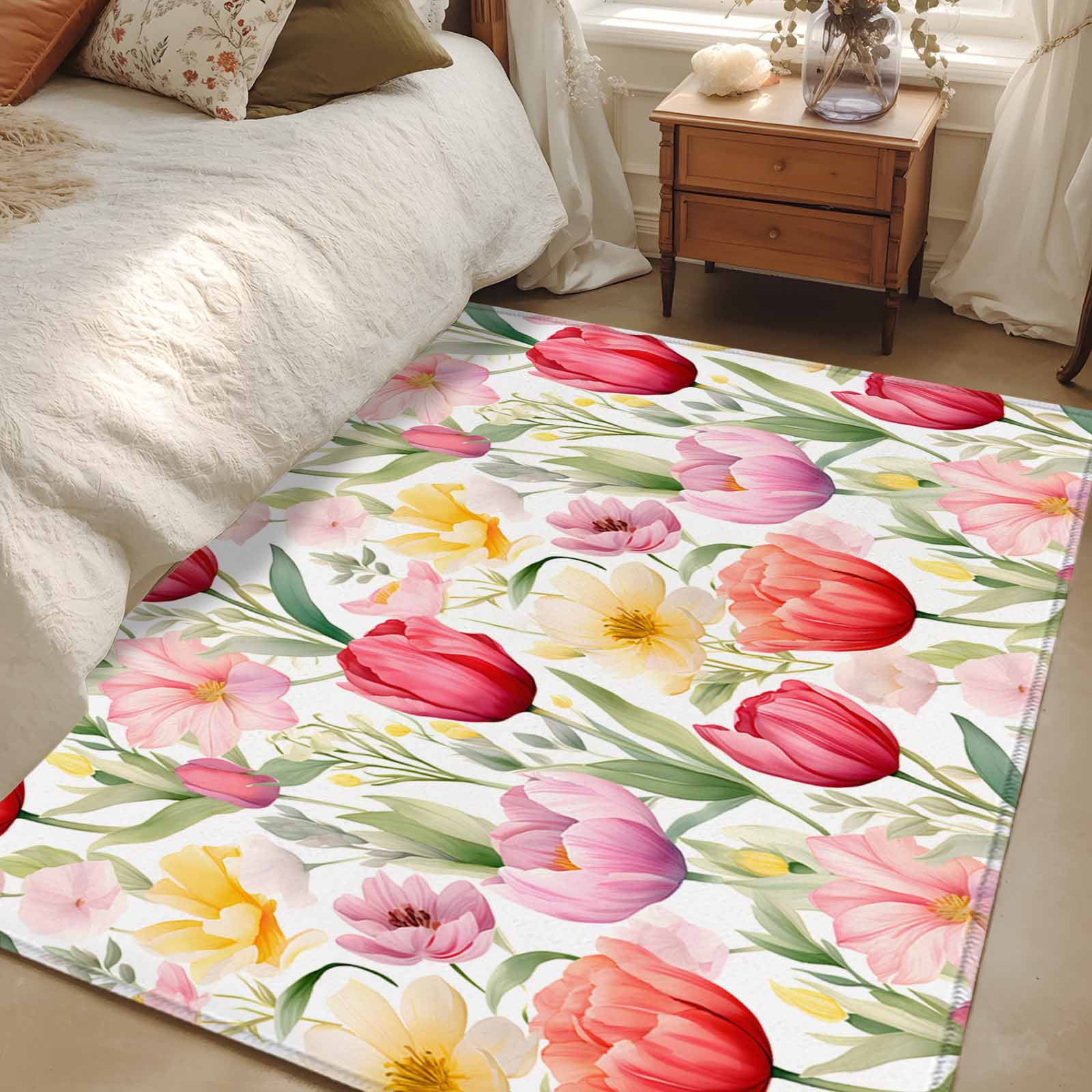 2.7x5 Area Rugs, Spring Tulip Non-Skid Rubber Backing Large Rectangle ...