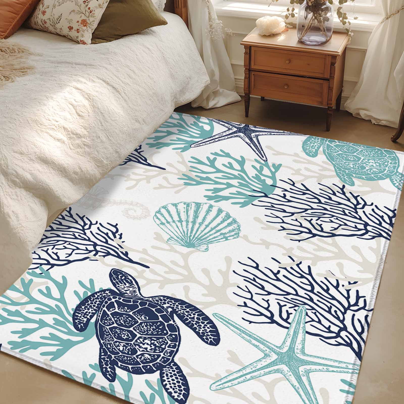 2.7x5 Area Rugs, Teal Blue Coastal Non-Skid Rubber Backing Large ...