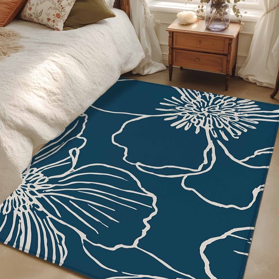 2.7x5 Area Rugs, Teal Flowers Non-Skid Rubber Backing Large Rectangle ...