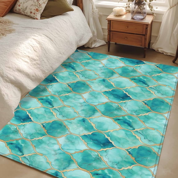 2.7x5 Area Rugs, Teal Geometric Non-Skid Rubber Backing Large Rectangle ...
