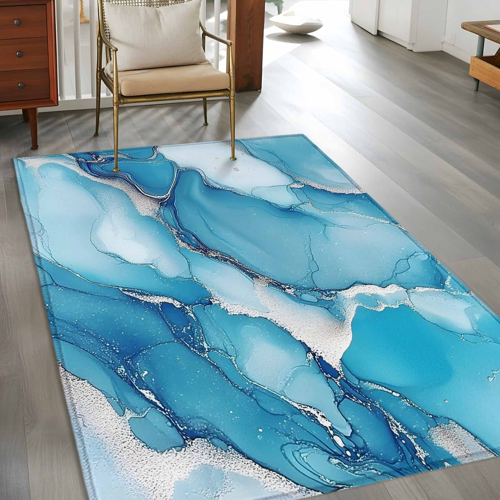 2.7x5 Washable Area Rug, Abstract Marble Texture Non-Slip Rectangle Rug ...