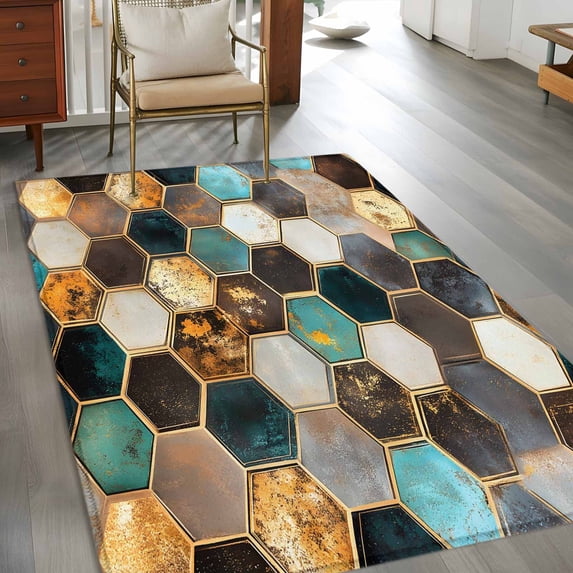 2.7x5 Washable Area Rug, Geometric Pattern Non-Slip Rectangle Rug for ...