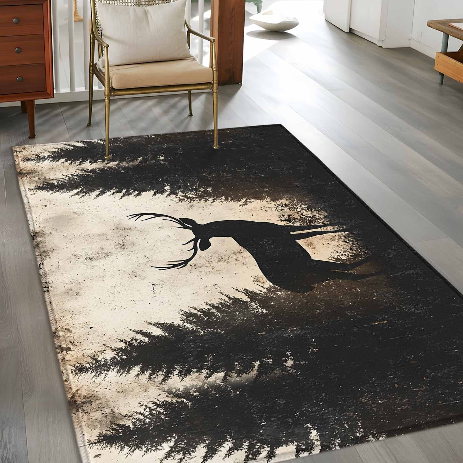 2.7x5 Washable Area Rug, Retro Elk Non-Slip Rectangle Rug for Bedroom ...