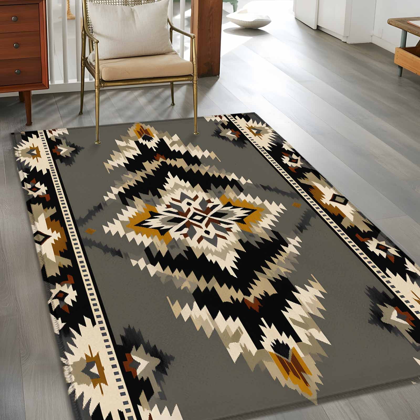 2.7x5 Washable Area Rug, Retro Ethnic Art Non-Slip Rectangle Rug for ...