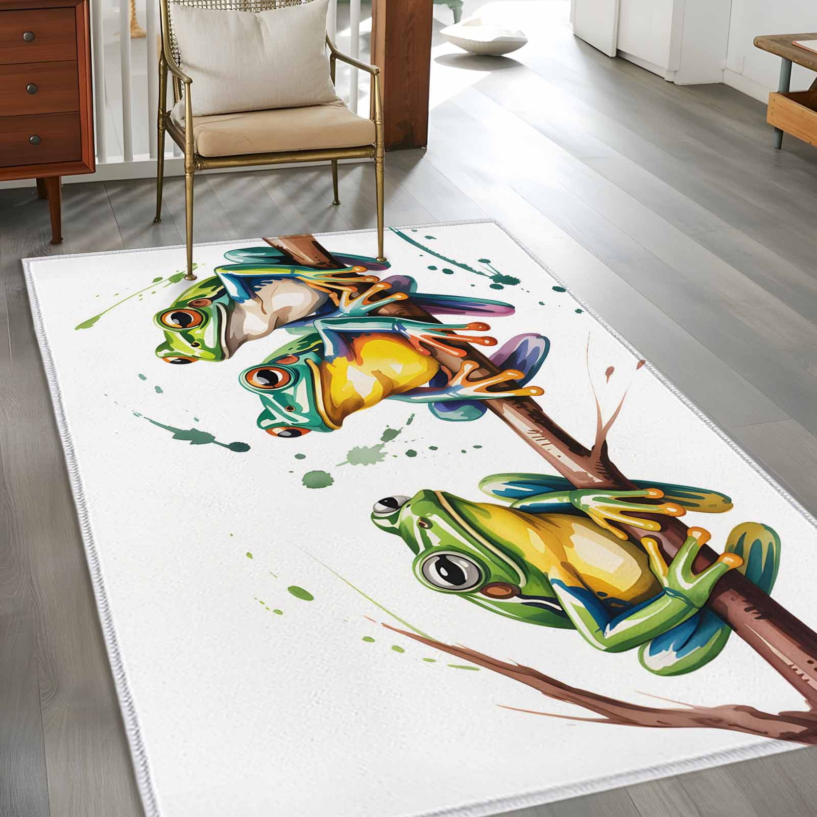 2.7x5 Washable Area Rug, Watercolor Frog Non-Slip Rectangle Rug for ...