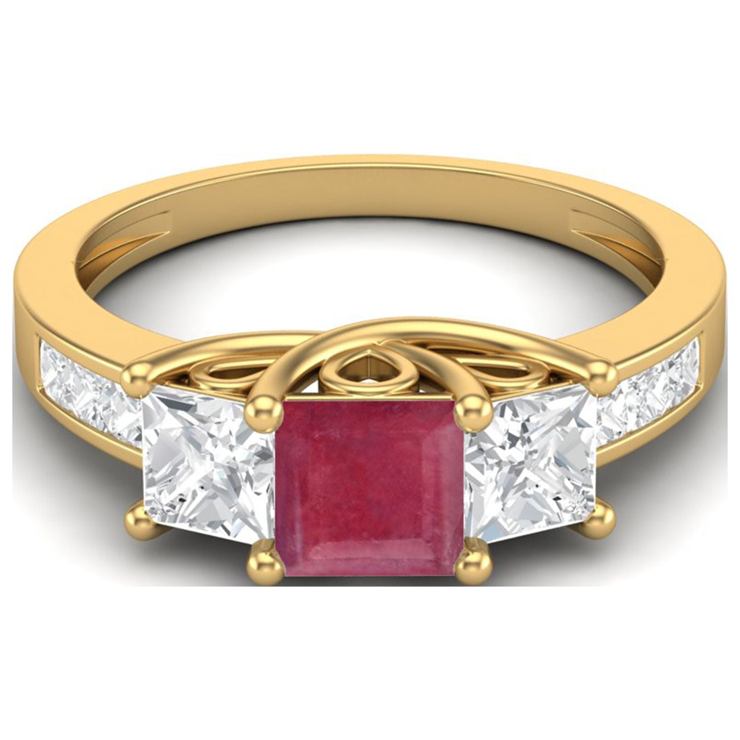 2.8 Cts Square Cut Halo Three Stone Ruby Glass Filled 925 Sterling ...