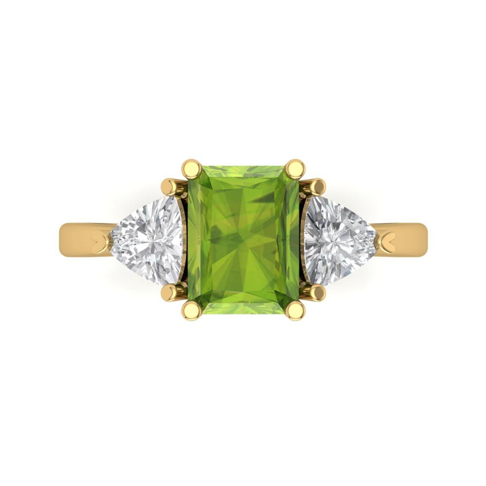 2.82 ct Emerald Cut Natural Peridot Three-Stone Engagement Ring for Women in 18K Yellow Gold ...
