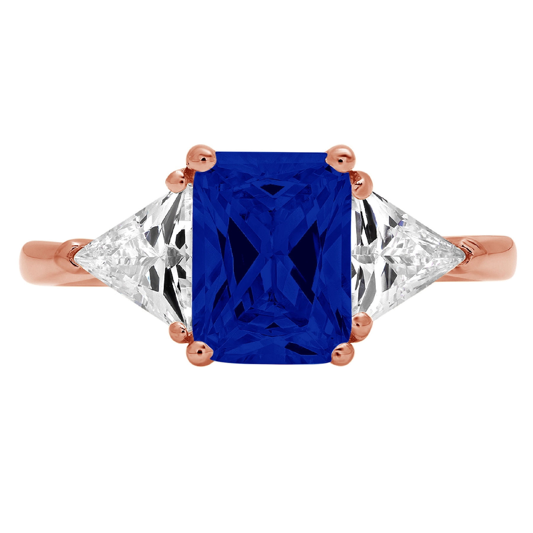 2.82 ct Emerald Cut Simulated Blue Sapphire 3 Stone 18K Rose Gold ...
