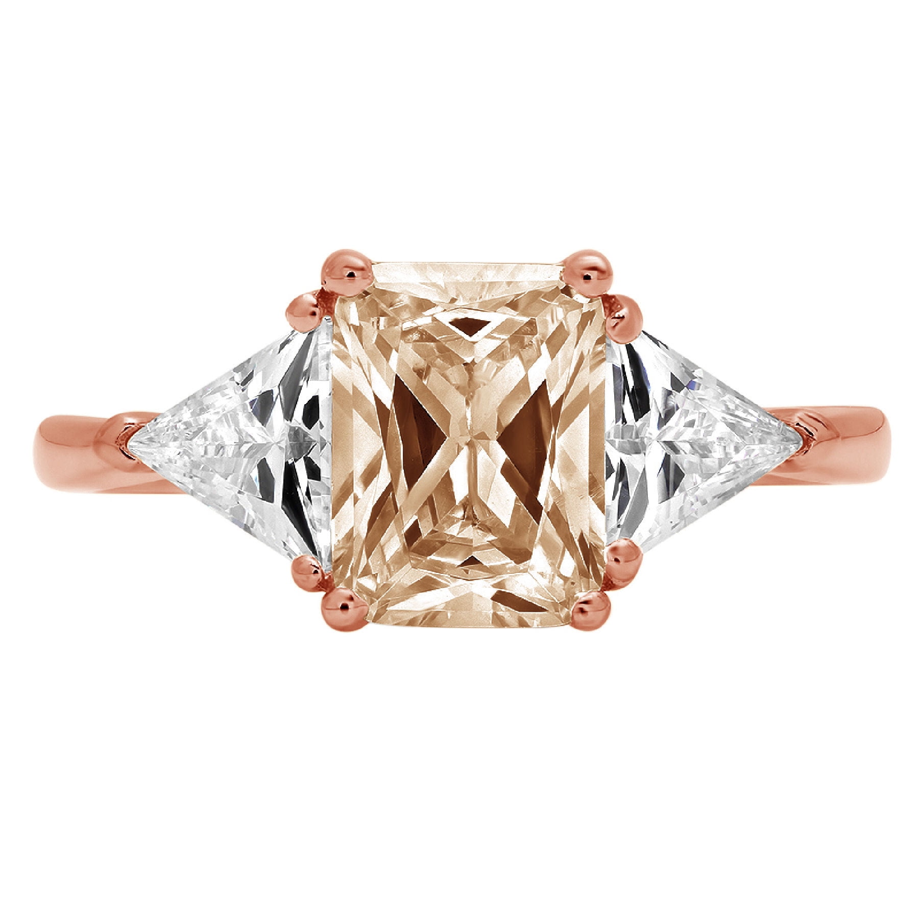 2.82 ct Emerald Cut Simulated Champagne Diamond 3 Stone 14K Rose Gold ...
