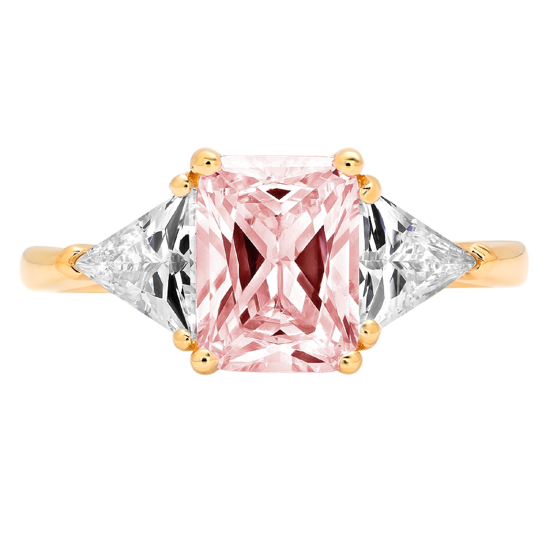 2.82 ct Emerald Cut Simulated Pink Diamond 3 Stone 18K Yellow Gold Womens Engagement Ring ...