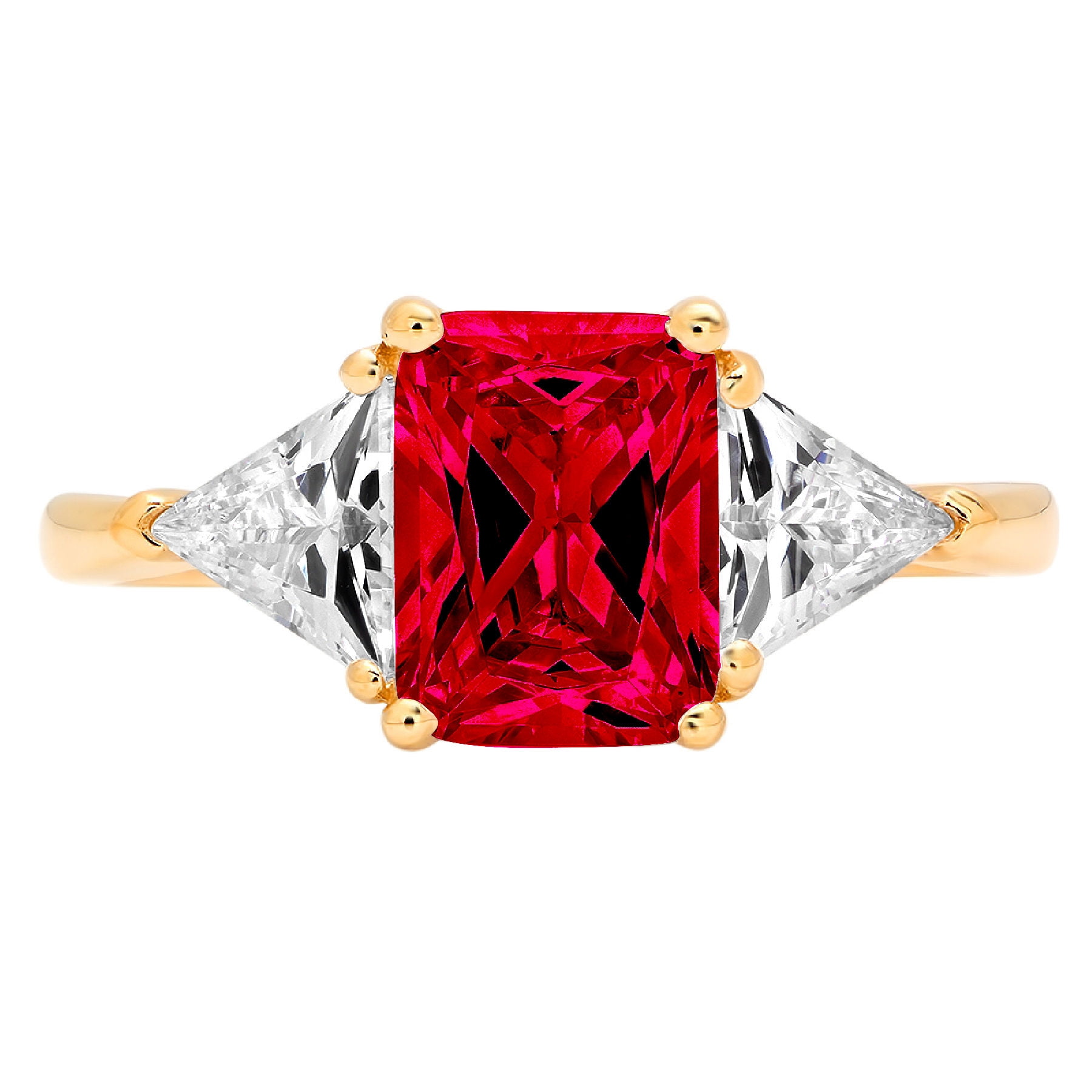 2.82 ct Emerald Cut Simulated Ruby 3 Stone 18K Yellow Gold Womens ...