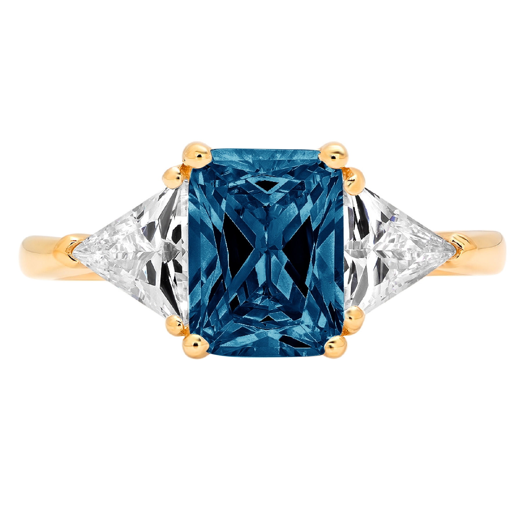 2.82 ct Emerald Cut Natural London Blue Topaz 3 Stone 18K Yellow Gold Womens Engagement Ring ...