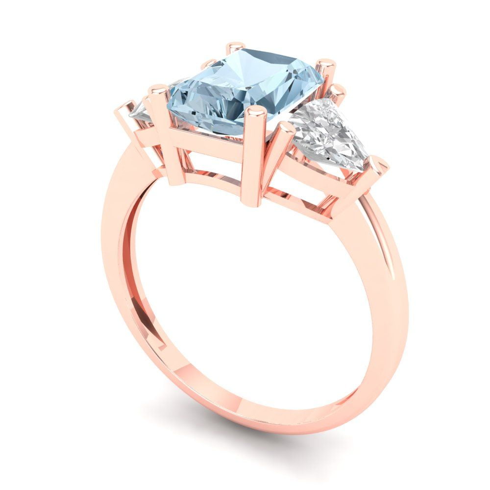 2.82ct emerald cut natural swiss blue topaz 18k rose gold 3 stoneBridal Wedding Engagement ...