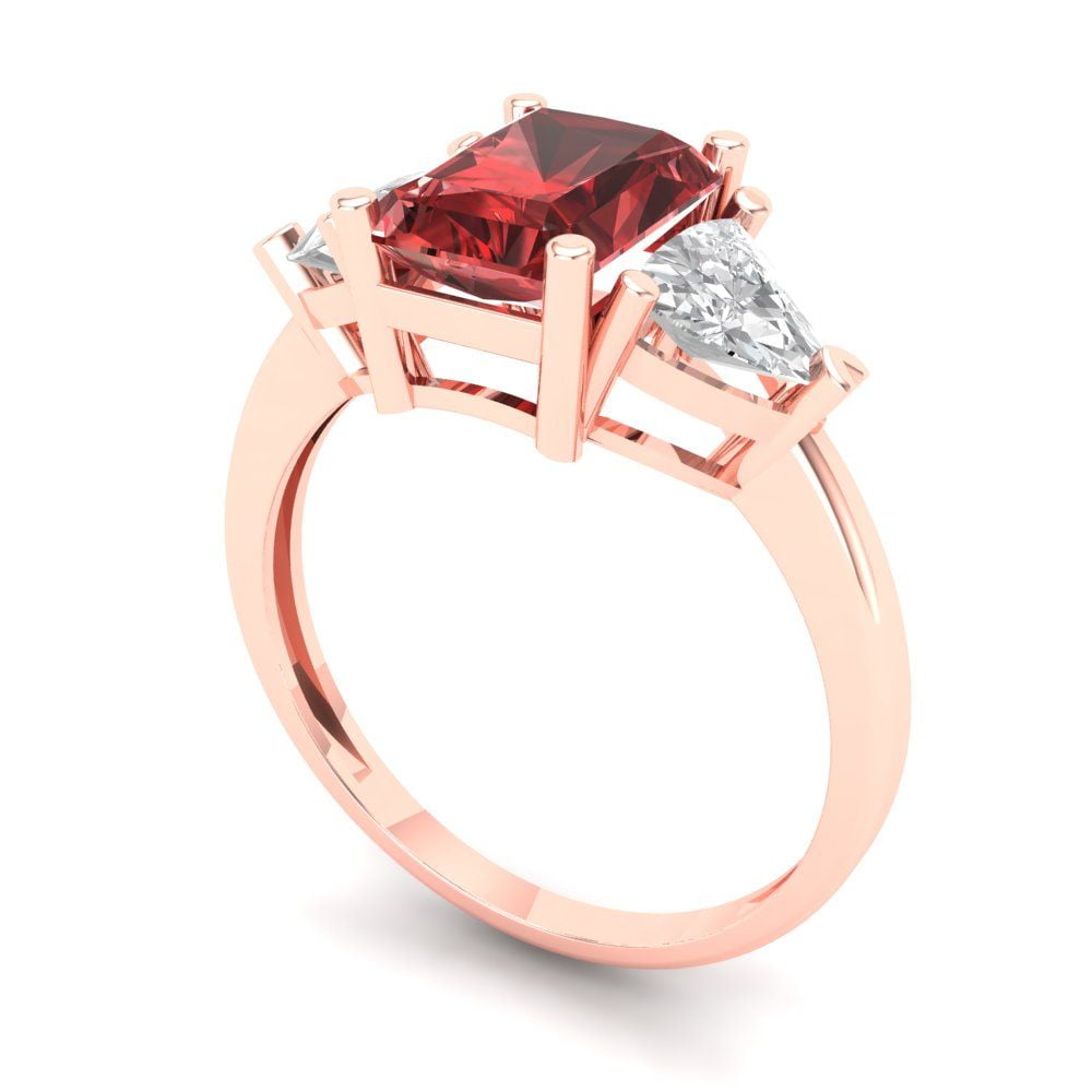 2.82ct emerald cut red natural garnet 18k rose gold 3 stoneBridal Wedding Engagement Promise ...
