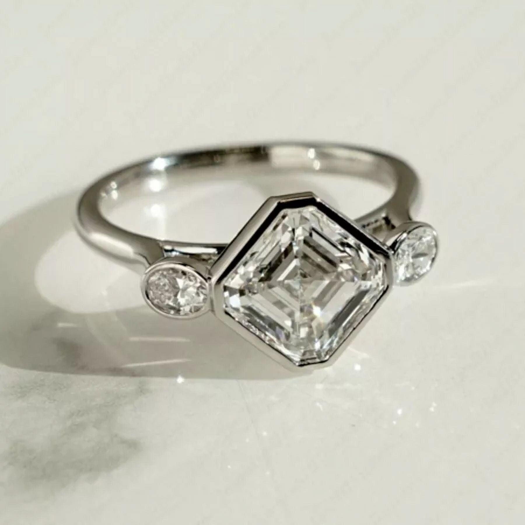 2.85 Ctw Asscher Cut Moissanite 3-Stones EngageDEJt Ring 14K White Gold ...