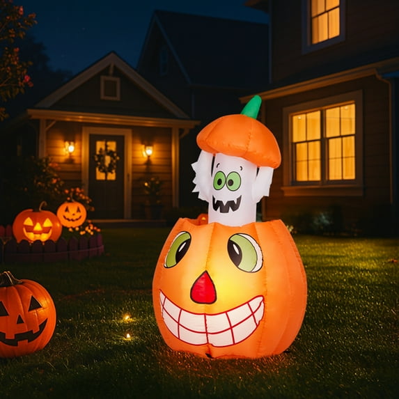 2.8FT Halloween Inflatable Animated Pumpkin Ghost, 2 White LED Lights ...