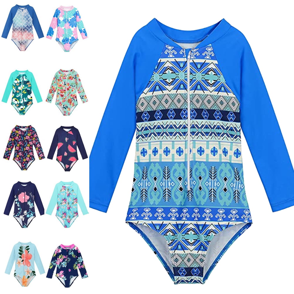2-8Y Kids Girls Rash Guard Long Sleeve One Piece Swimsuits Zipper ...