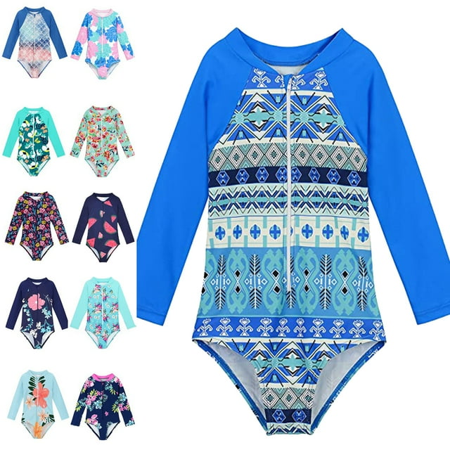 2-8Y Kids Girls Rash Guard Long Sleeve One Piece Swimsuits Zipper ...