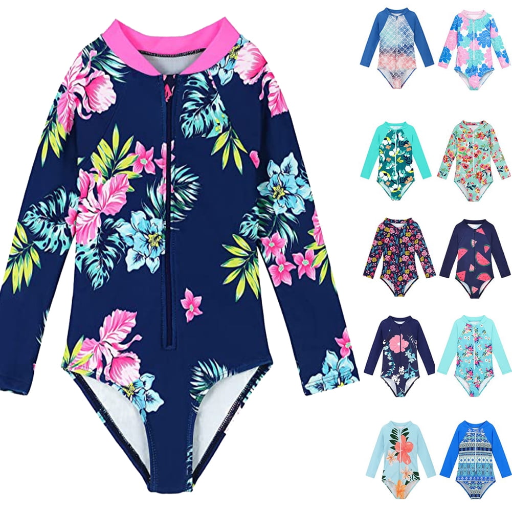 2-8Y Kids Girls Rash Guard Long Sleeve One Piece Swimsuits Zipper ...