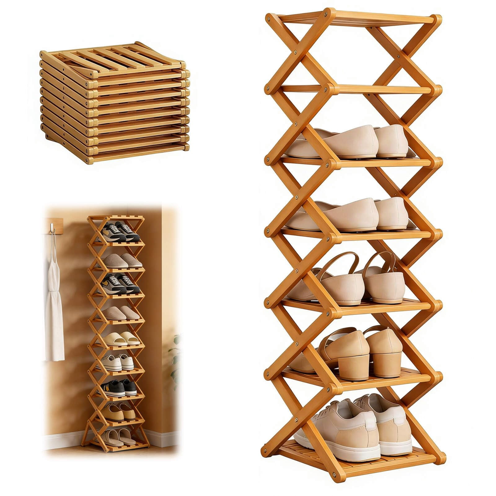 2-9 Tier Foldable Bamboo Shoe Rack, Heavy Duty Collapsible Shoe ...