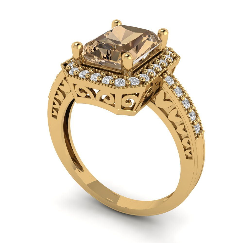 2.9 ct Brilliant Emerald Cut VVS1 Clear Zircon 18K Yellow Solid Gold Halo Solitaire with Accents ...