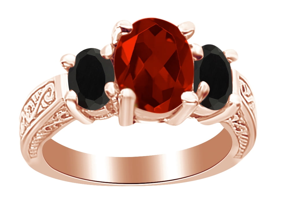 AFFY 2.98 Ct Oval Shape Rhodolite Simulated Garnet & Black Onyx Three Stone Engagement Ring in ...