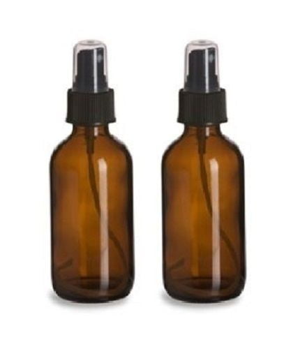 2 Amber 4oz Boston Round Glass Bottle Black Spray Fine Ribbed Mist ...