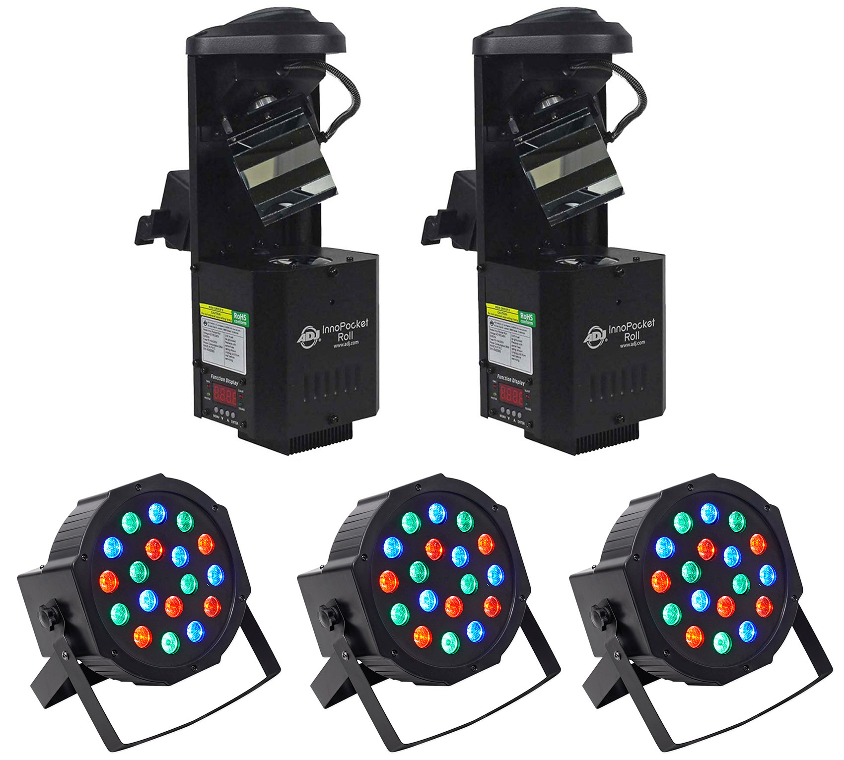 (2) American DJ ADJ Inno Pocket Roll DMX LED Scanner Lights+(3) RGB Par ...