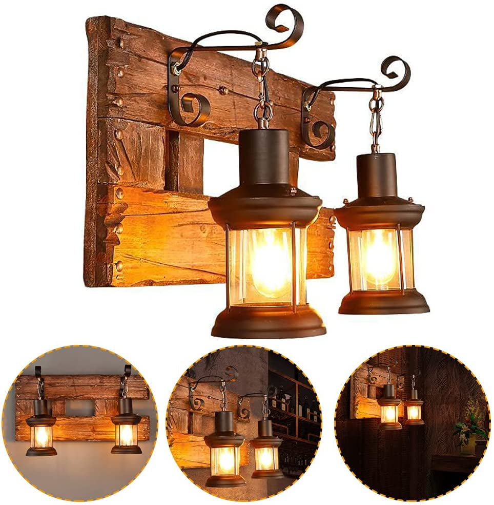 2 Antique Wooden Wall Lamp Ladder Light Metal Lamp Body Glass Lamp ...