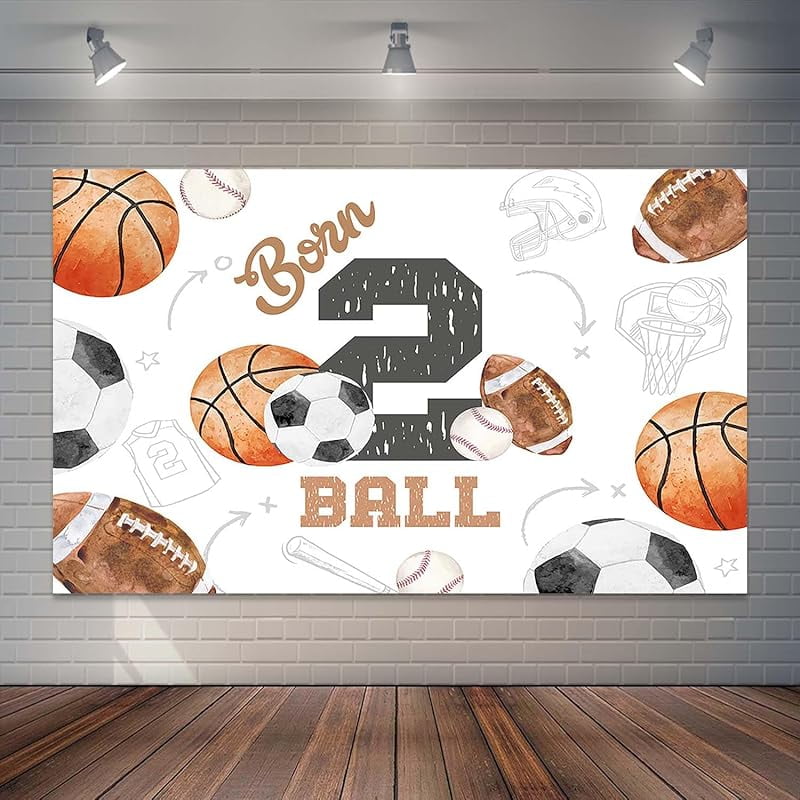 2 Ball Birthday Backdrop Baseball Football Basketball 2nd Birthday ...