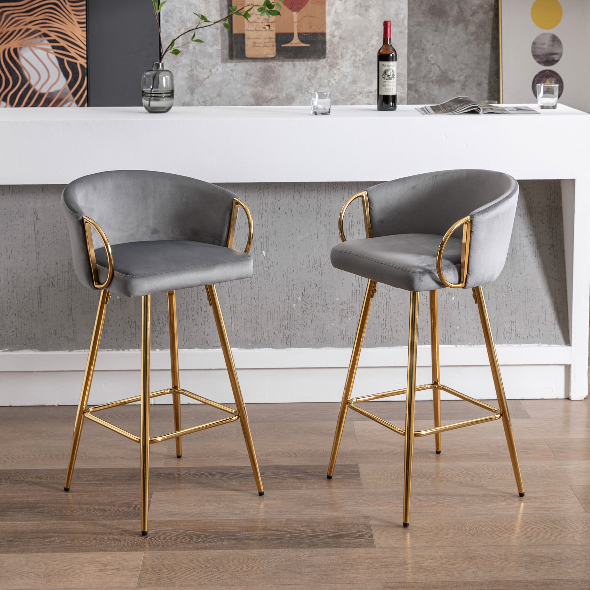 2 Bar Stools, 30 Inch Height, Gray Velvet Upholstery With Golden Legs ...