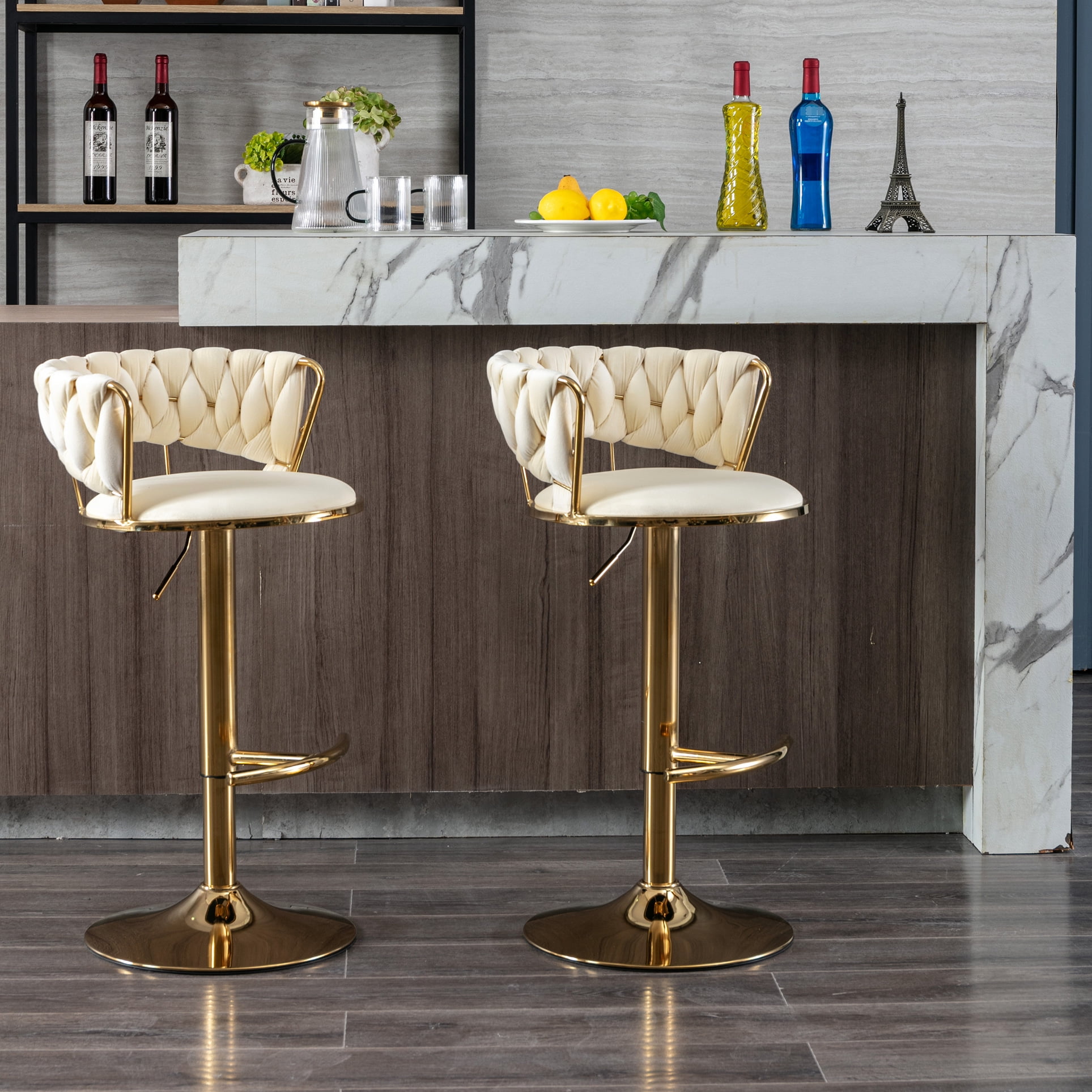 2 Bar Stools, Cream Upholstery, Golden Legs, Footrest And Base, Height ...